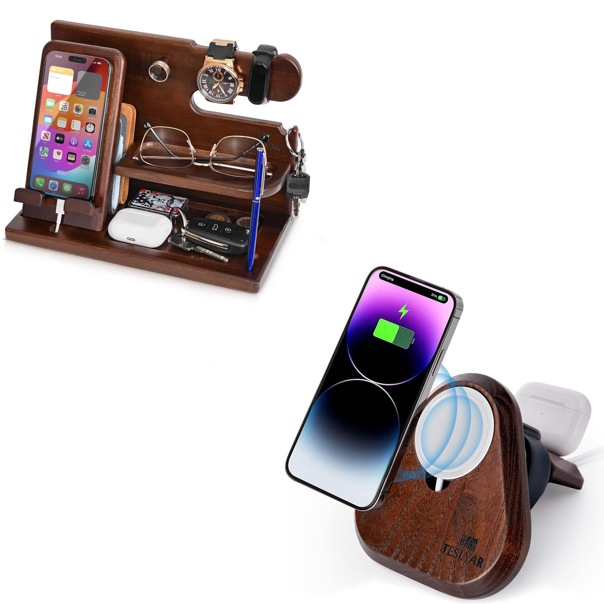 Amazon.com: TESLYAR Wood Phone Docking Station in Nut Brown ...