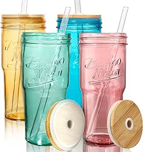 Amazon.com | ANOTION Colored Glass Cups with Lids and Straws - 24oz Travel Coffee Mug Wide Mouth ...