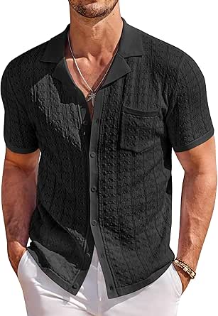 COOFANDY Men's Knit Button Down Shirt Short Sleeve Vintage Polo Shirts Summer Casual Beach Tops ...