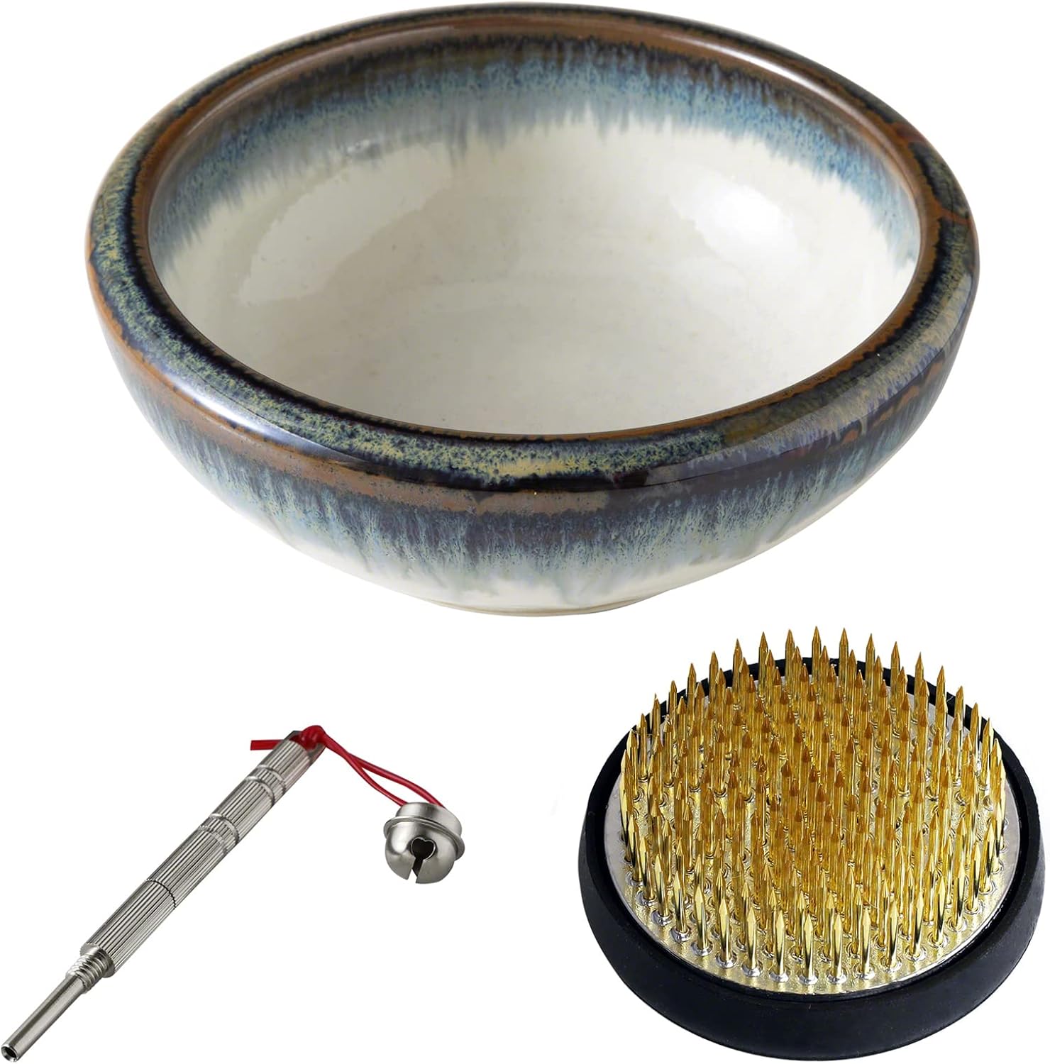 Wazakura Made in Japan Ikebana for Beginners Tool Kit, Minoyaki White & Blue Flower Vase, 2.4in ...