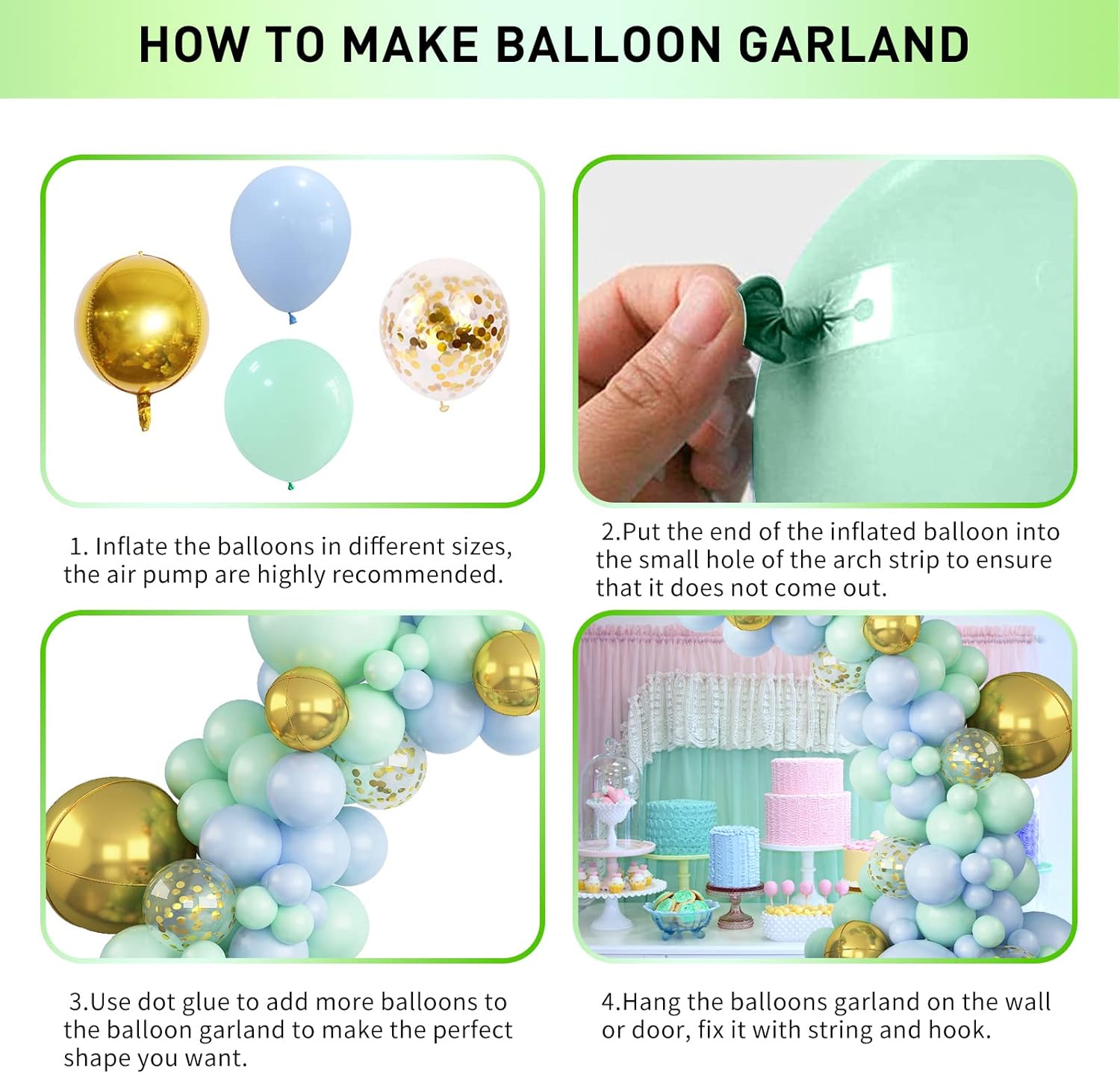 Kit de arco de guirnalda de globos color verde menta pastel y azul con ...