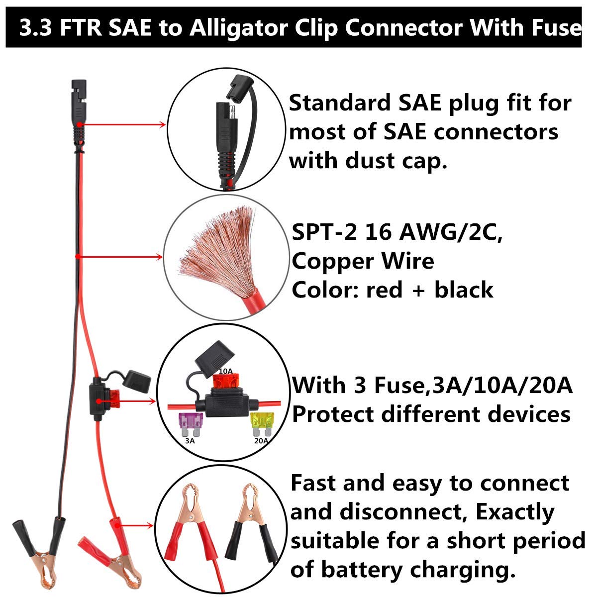 16 Gauge SAE Cable Battery Charger Kits,12 V SAE to SAE 2 Pin Connect ...