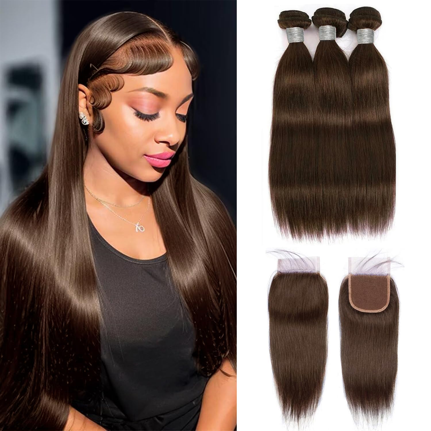 Amazon.com : Chocolate Brown Bundles Human Hair with Closure,Color #2 ...