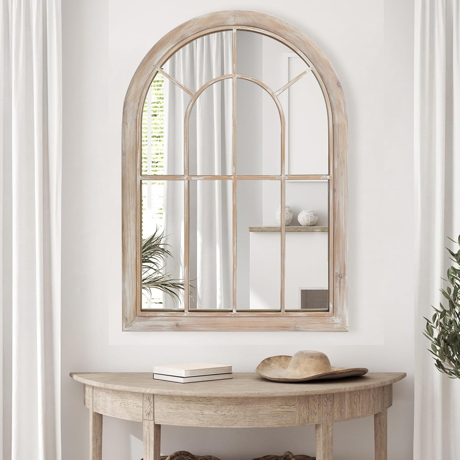 Amazon.com: eodme Farmhouse Arched Window Pane Mirror, Rustic Wood ...