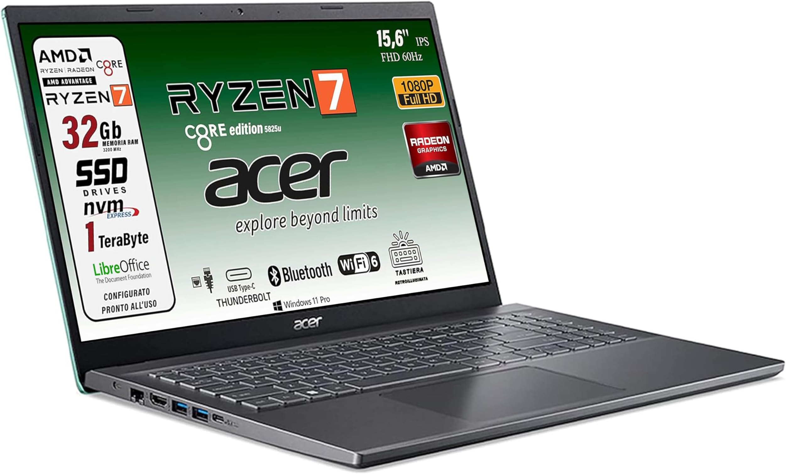 Acer Notebook portatile, Ryzen 7 5825u 8 CORE, RAM 32 Gb, SSD PCI da 1 ...
