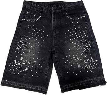 Black Baggy Rhinestone Jorts Men Diamond Bedazzled Jean Shorts ...