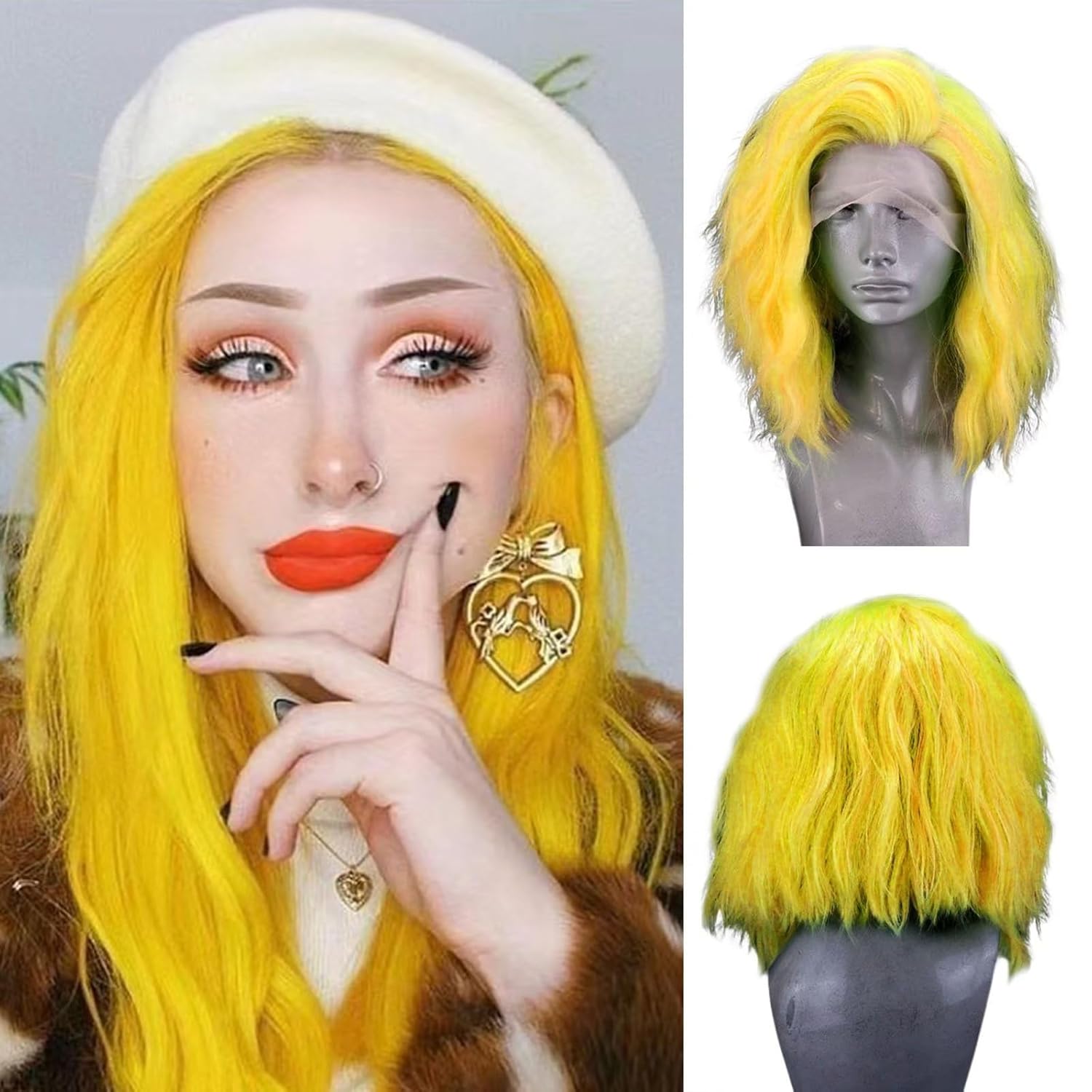 Amazon.com : RONGDUOYI RDY Bright Yellow Colored Hair Short Bob Wave ...