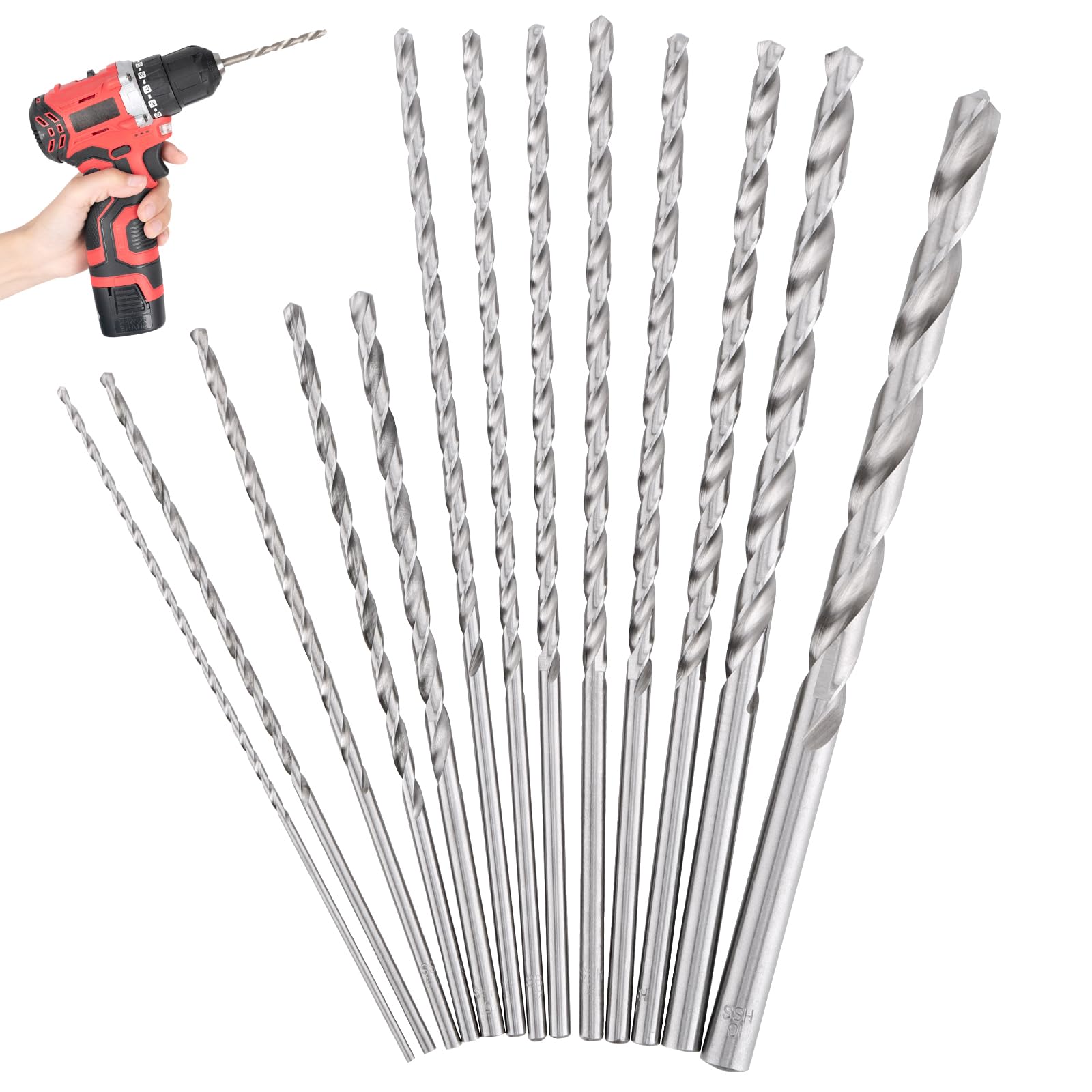 ZEONHEI 13 Pieces Long Drill Bit Set, High Speed Steel HSS Twist Drill ...