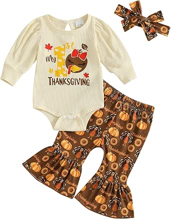 Amazon.com: FIOMVA My First Thanksgiving Outfits Turkey Romper Onesie Flare Pant Bell Bottom ...