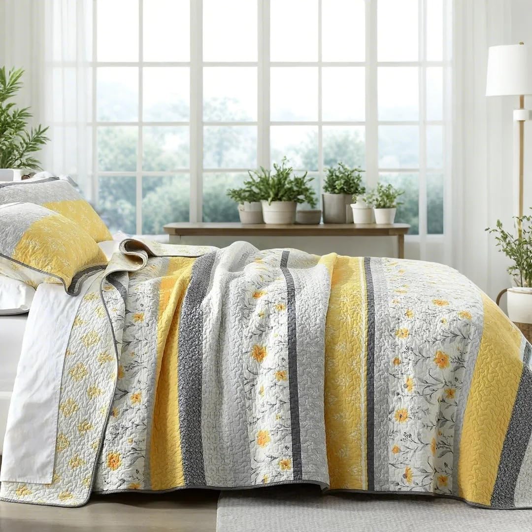 Amazon.com: VatinHK Yellow Queen Size Quilt - 100% Cotton Quilted Queen ...
