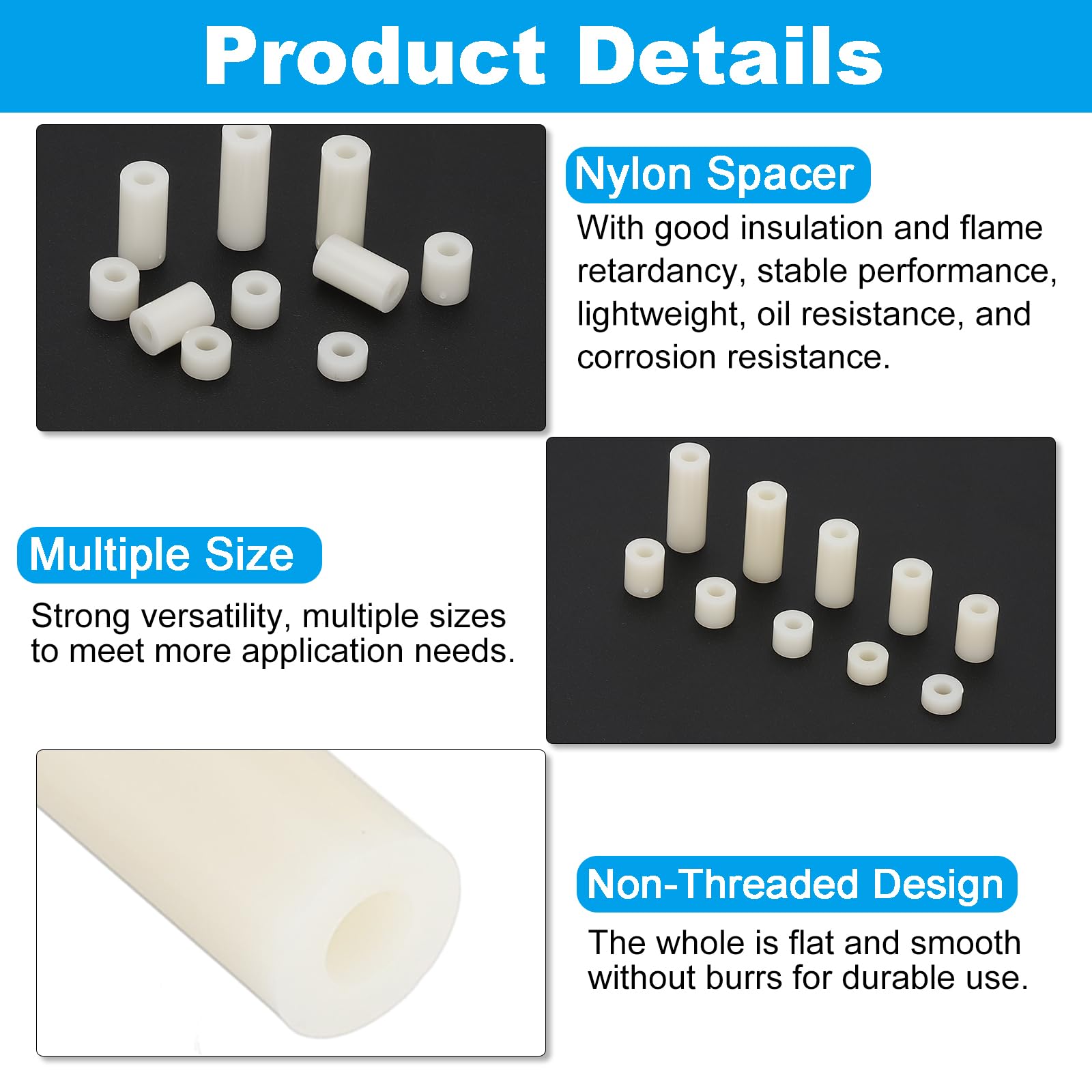 PATIKIL M6 Nylon Spacer, 180Pcs Round Spacer Standoff Non-Threaded ...