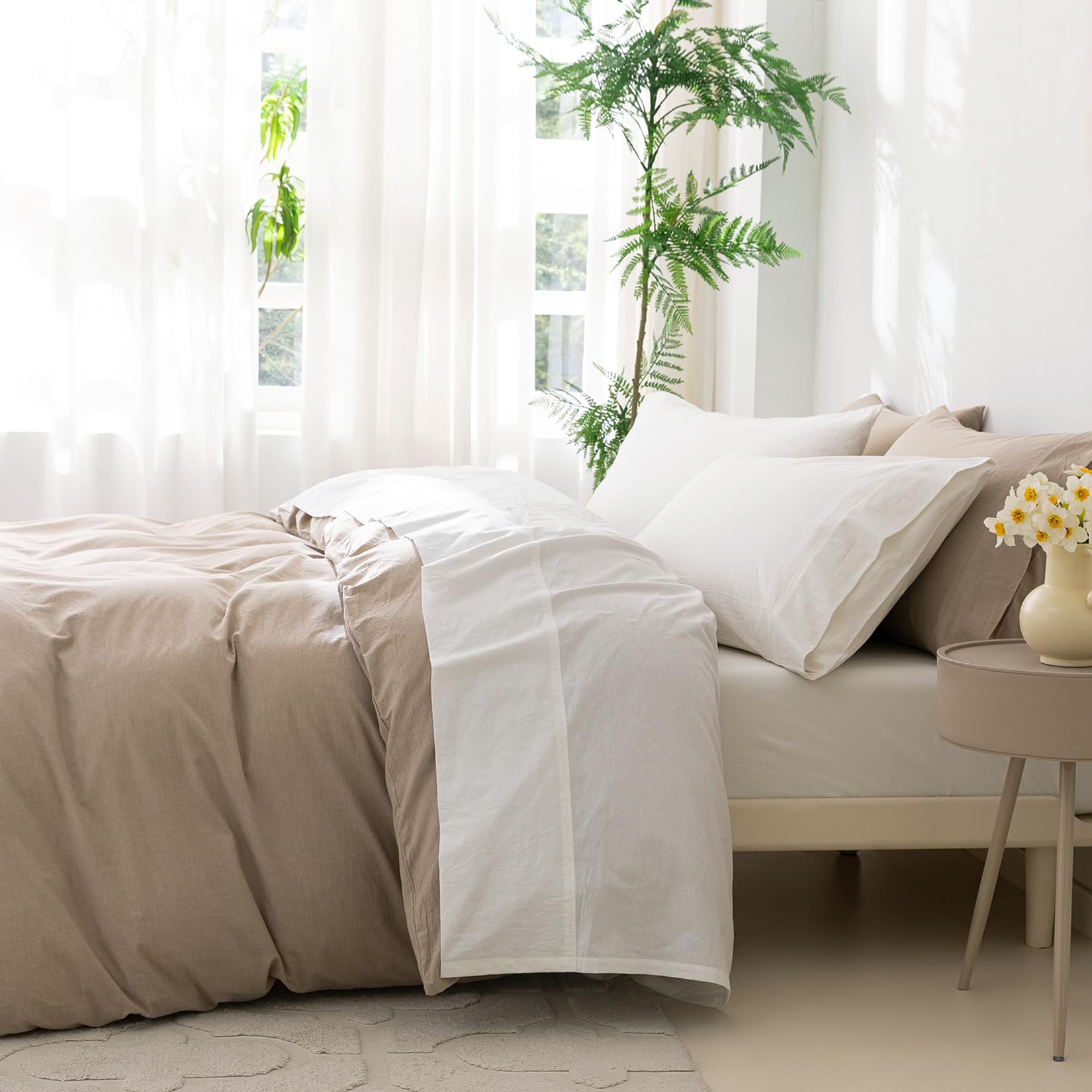 Amazon.com: BDEAR 6PCS Off White Linen Feel Sheet Set, Queen Size 100% ...