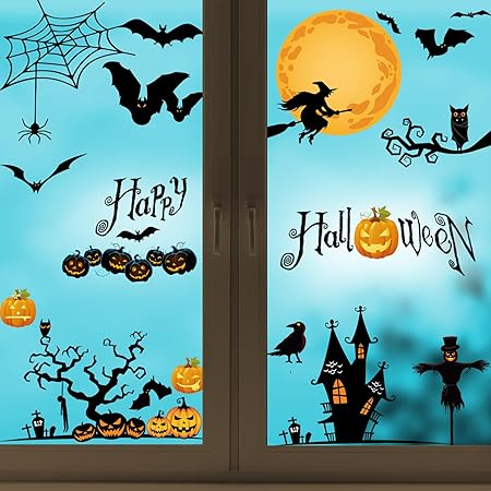 Amazon.com: Removable Halloween Window Clings Bat Pumpkin Gel Window ...