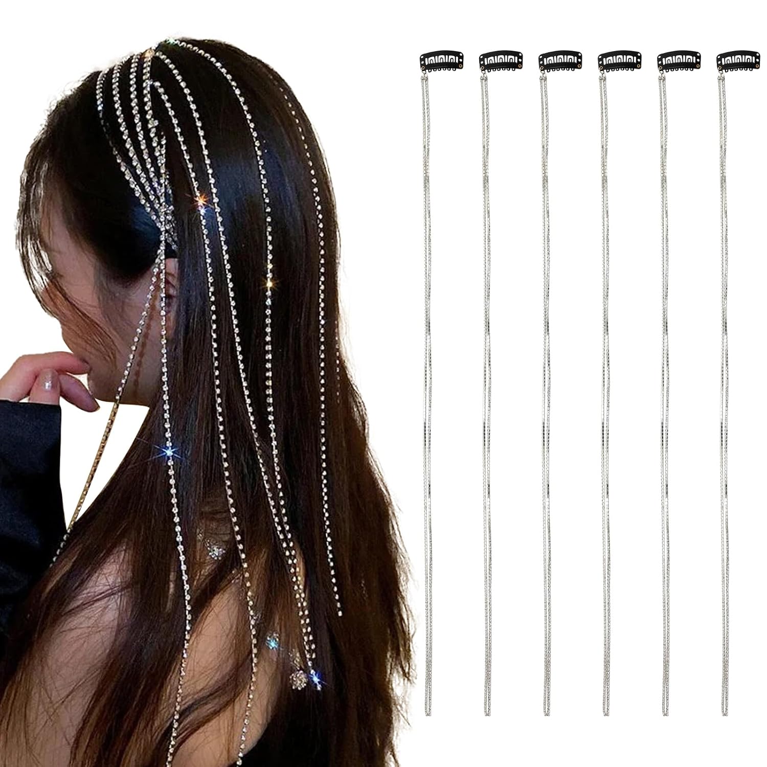 Amazon.com : 6 Pcs Rhinestone Hair Chain, Shiny Punk Tassel Hair Clip ...