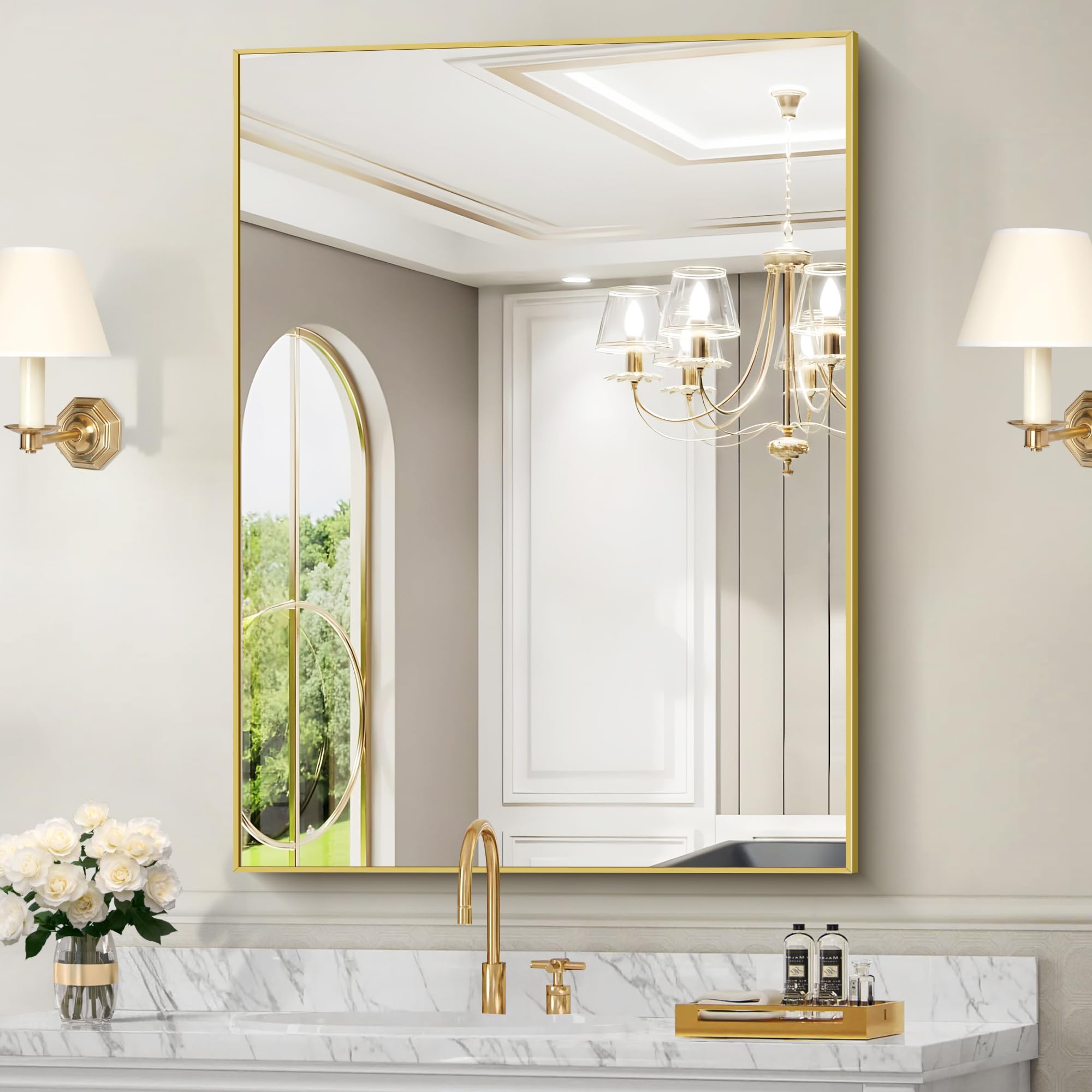 Amazon.com: COFENY 30x40In Gold Bathroom Mirror for Wall, Brushed Gold Rectangle Mirrors with ...