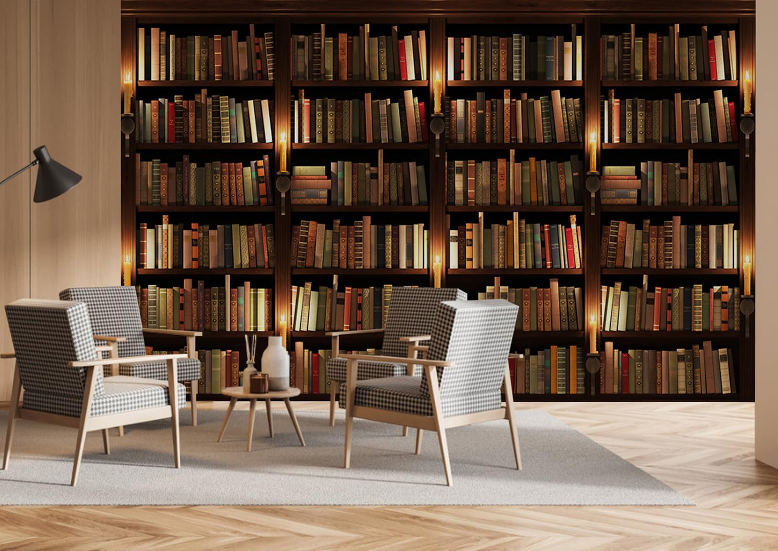 TUNDJ - Vintage Bookshelf Wallpaper Old-Fashioned Bookcase Library Wall ...