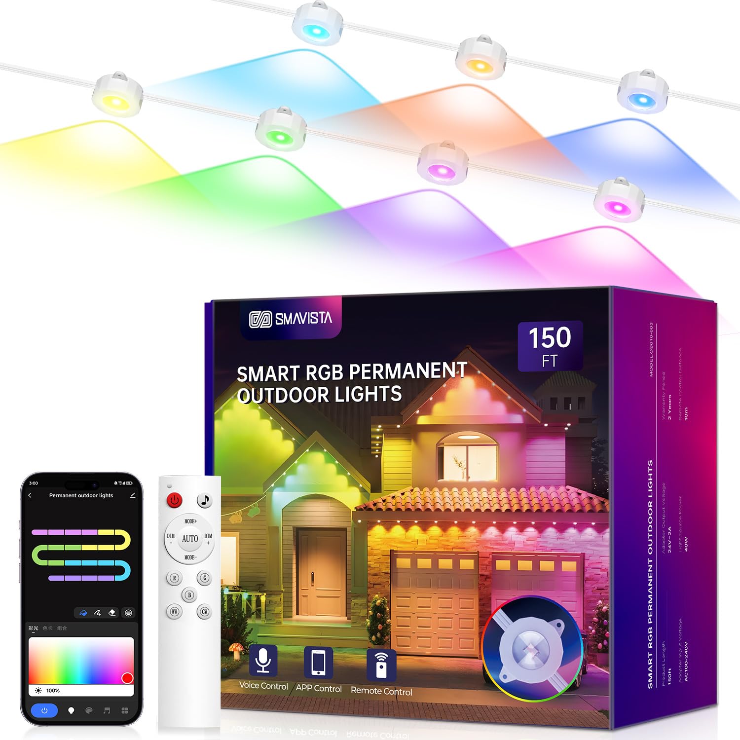SMAVISTA Smart Permanent Outdoor Lights, 150ft with 108 LED RGB String ...