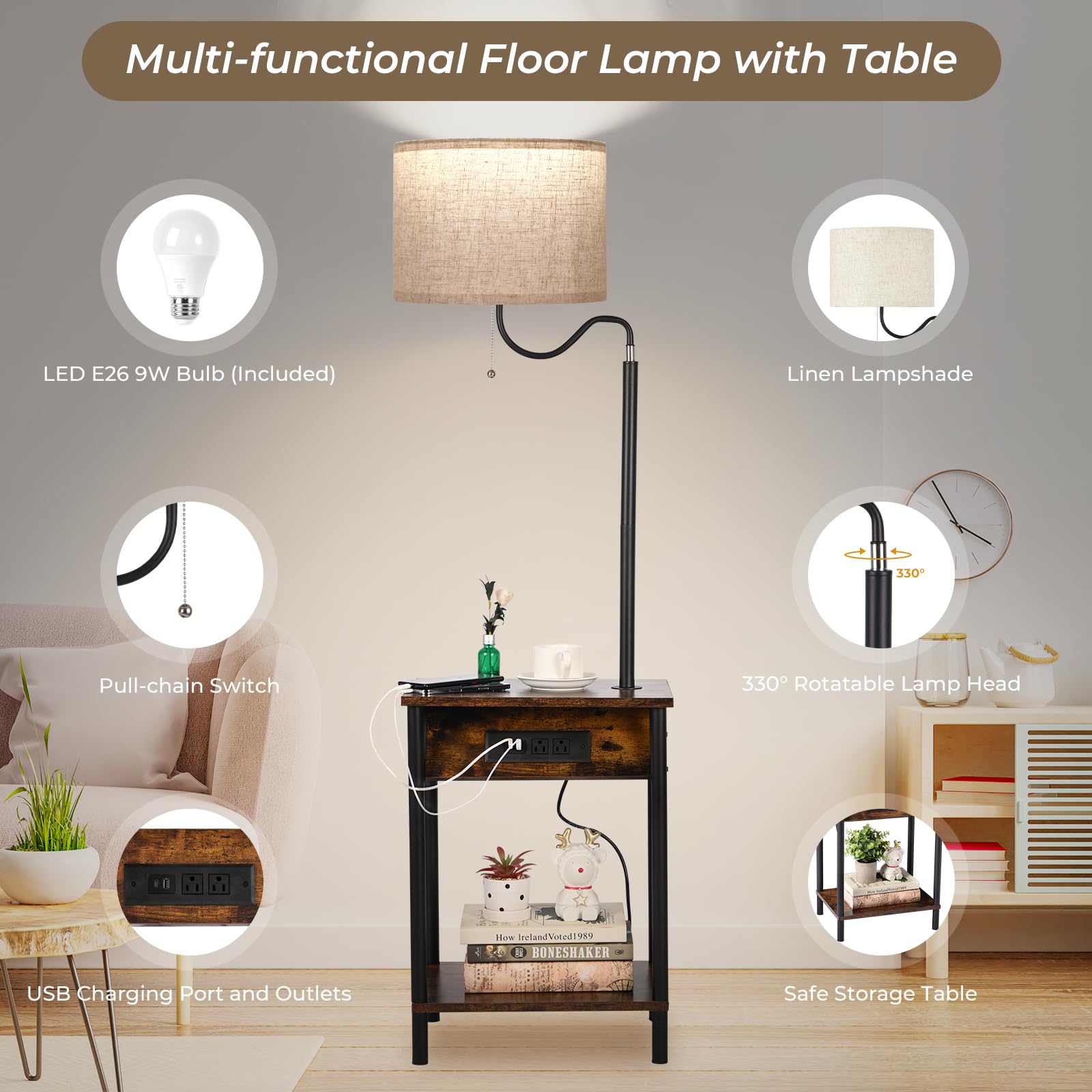 FIMEI Floor Lamp with Table, End Table with Charging Station USB Ports ...
