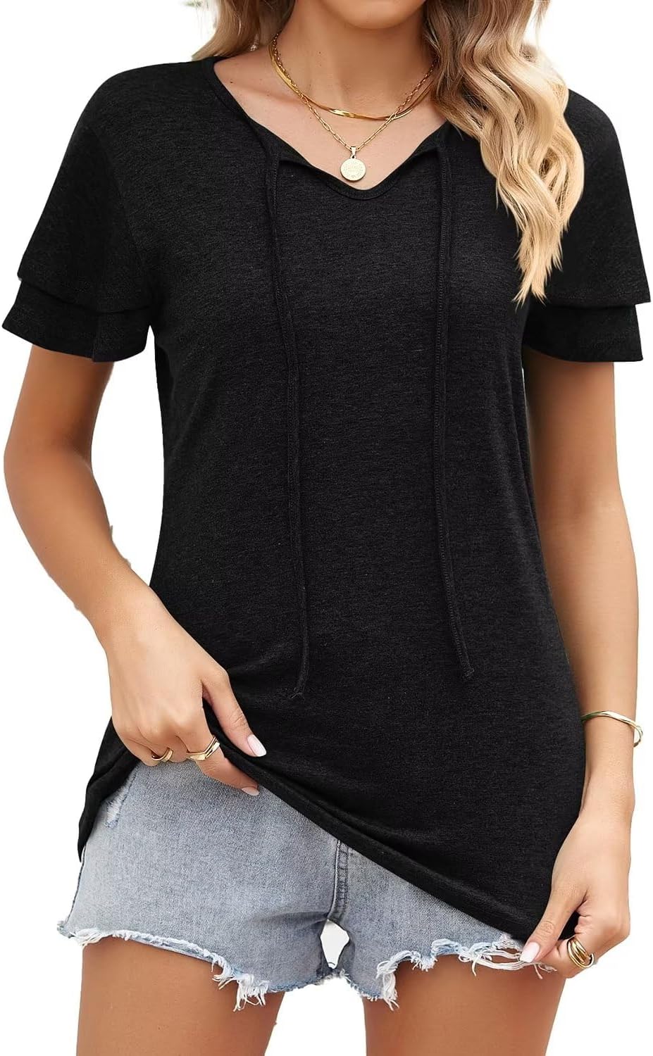 Womens Summer Short Sleeve Tops Casual Ruffle Sleeve Loose Fit Tee ...