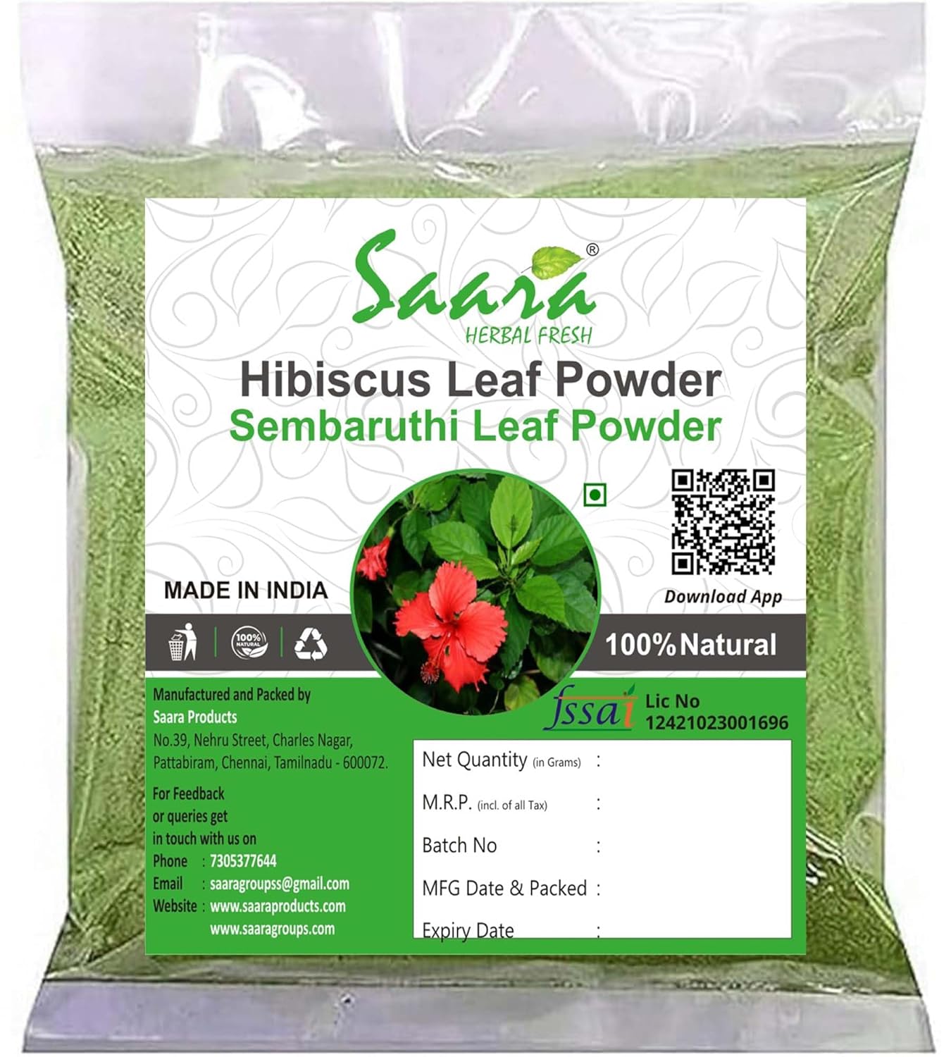 Saara HERBAL FRESH Hibiscus Leaf Powder, 150g, Sembaruthi Leaf Powder ...