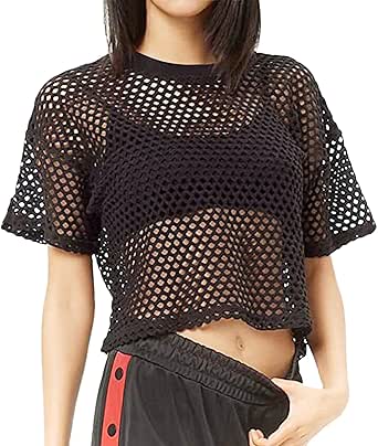 Summer Tops for Women Women's Long Sleeve T Shirts Fishnet T Shirt Crop ...