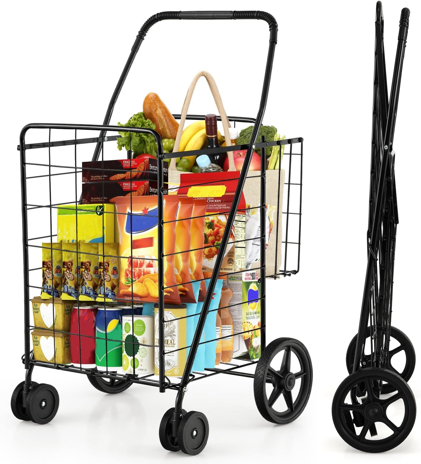 Amazon.com: COSTWAY Folding Shopping Cart, Metal Grocery Cart with ...