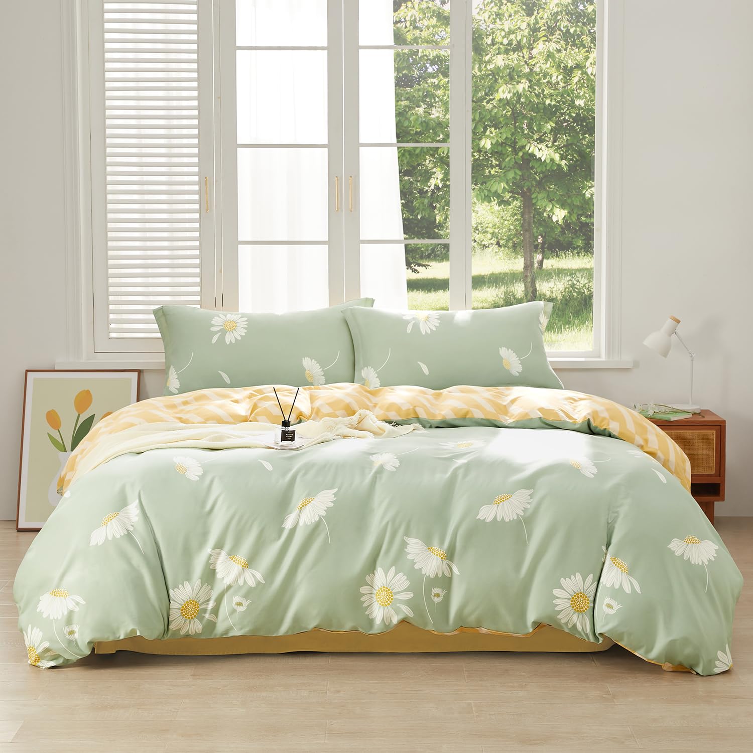 Amazon.com: SAPHREAS Floral Daisy Duvet Cover Set Full Size 3pcs Sage ...