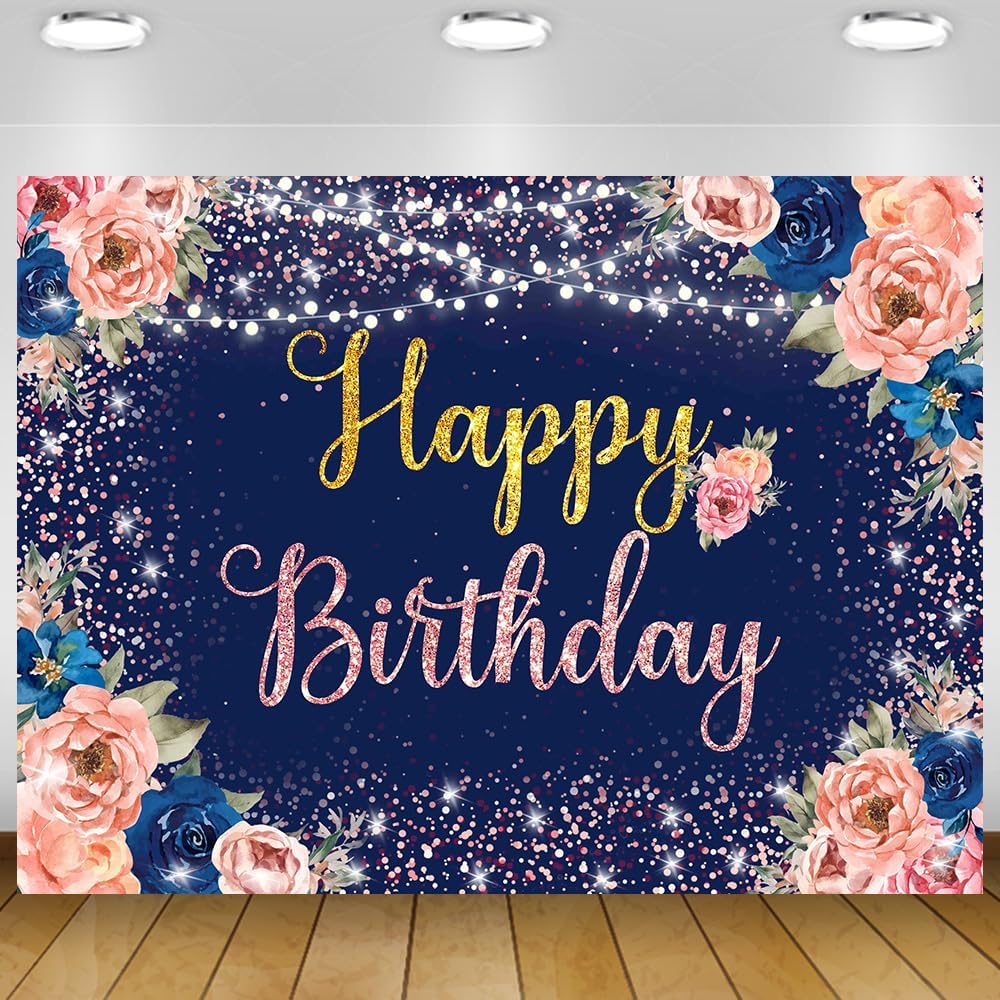Amazon.com : Happy Birthday Backdrop for Women Pink Blue Floral Glitter ...