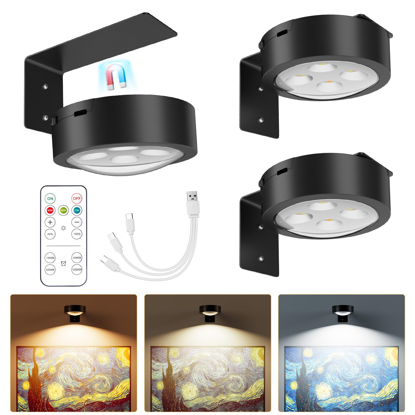 Brightown 3-Pack Picture Lights for Wall,Rechargeable Battery Operated ...