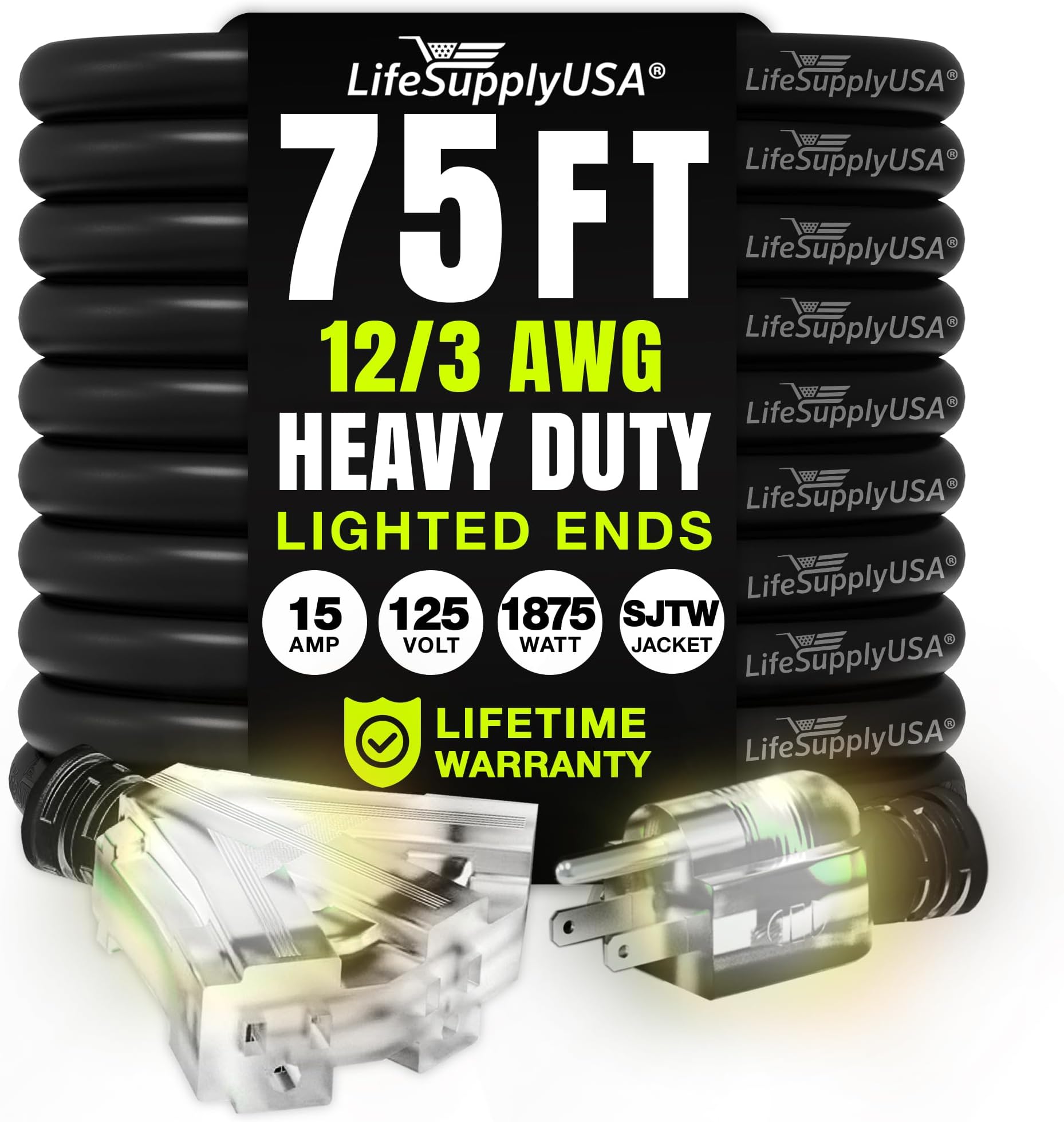 75ft Power Outdoor Extension Cord & Indoor - Waterproof Electric Drop ...