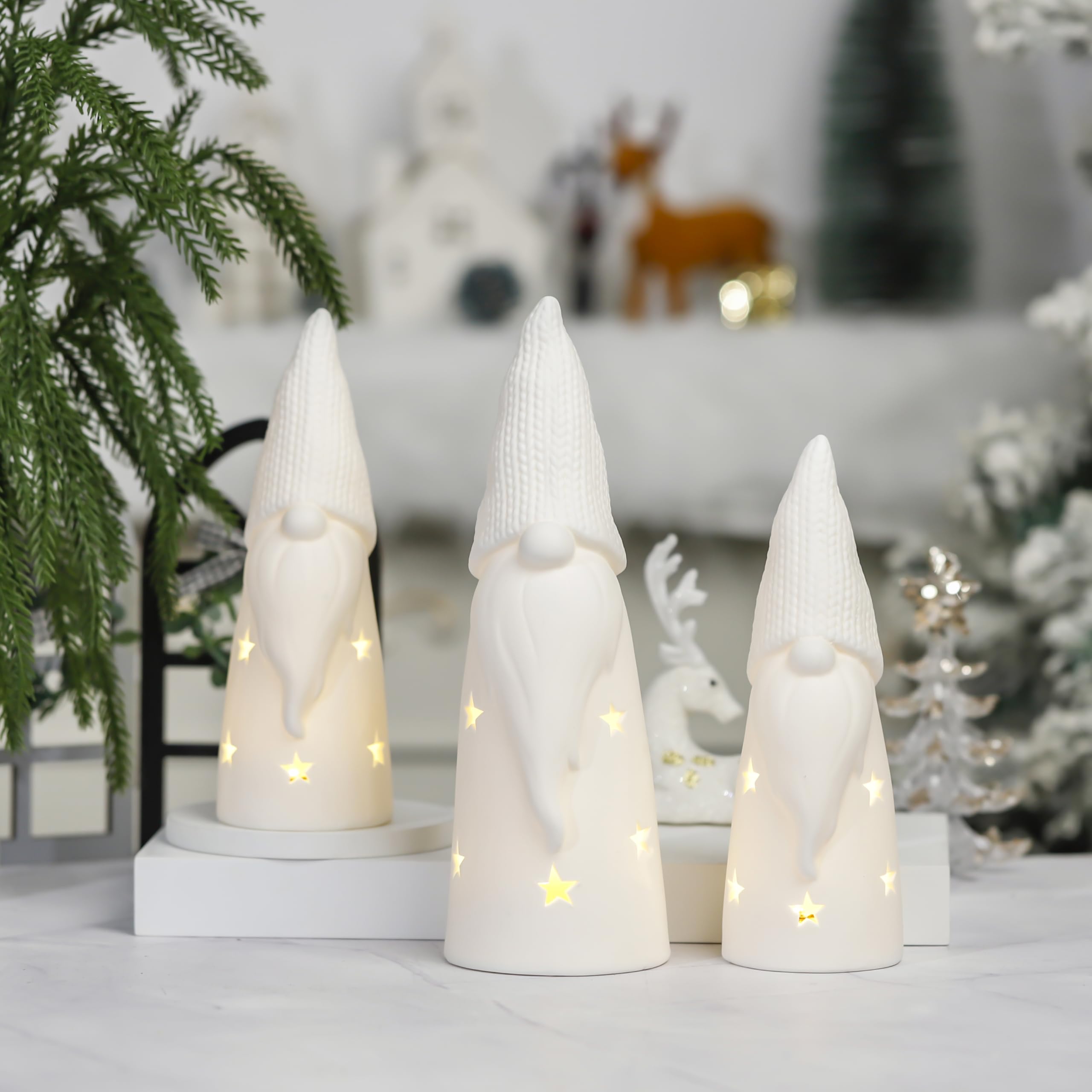 Amazon.com: 3 Pcs Ceramic Lighted Gnomes, Christmas Gnome Decorations ...