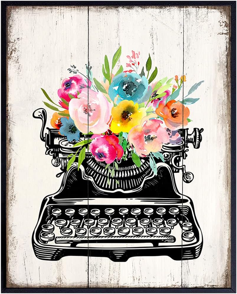 Amazon.com: Rustic Floral Typewriter Wall Art, Farmhouse Home Decor ...