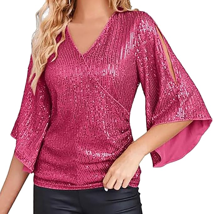 Women Sequin Sparkly Tops 3/4 Bell Sleeve Glitter Dressy Blouses Cross ...