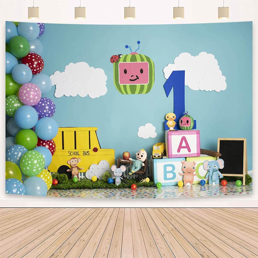 Buy Cocomelon Backdrop for 1st Birthday 7x5 Blue Sky School Bus ...