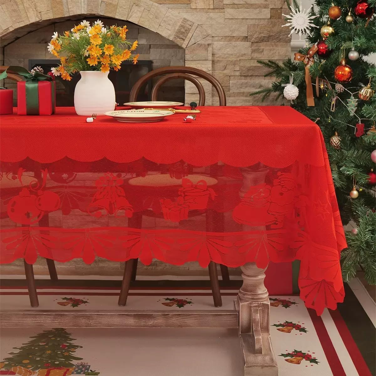 Amazon.com: GET ENAI Christmas Red Lace Sheer Tablecloth for Square ...