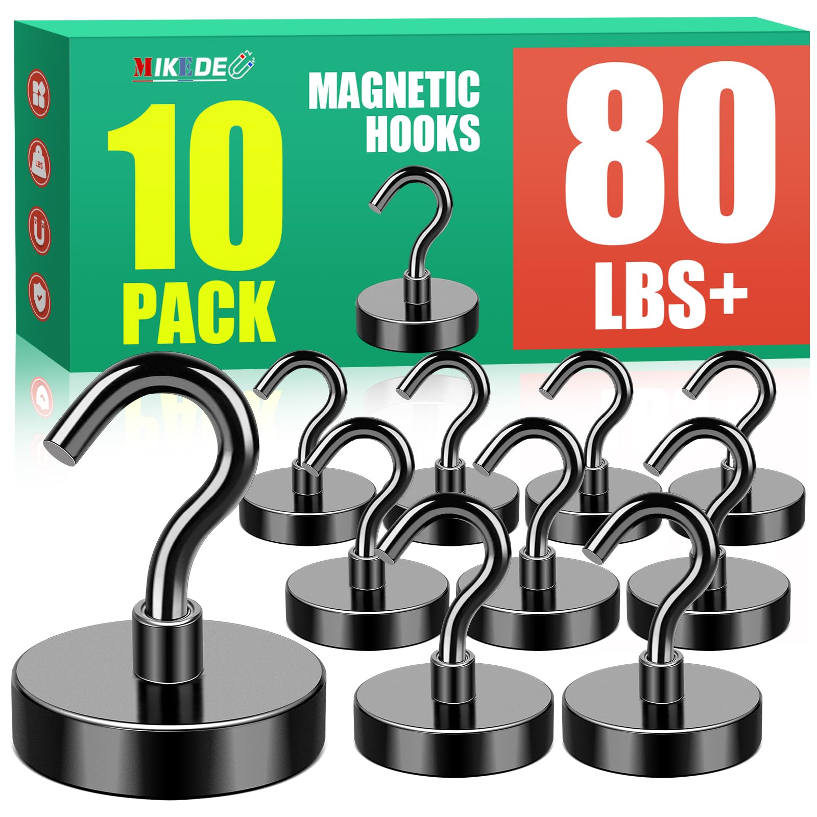 Amazon.com: MIKEDE Black Magnetic Hooks, 80Lbs Heavy Duty Earth Magnets ...