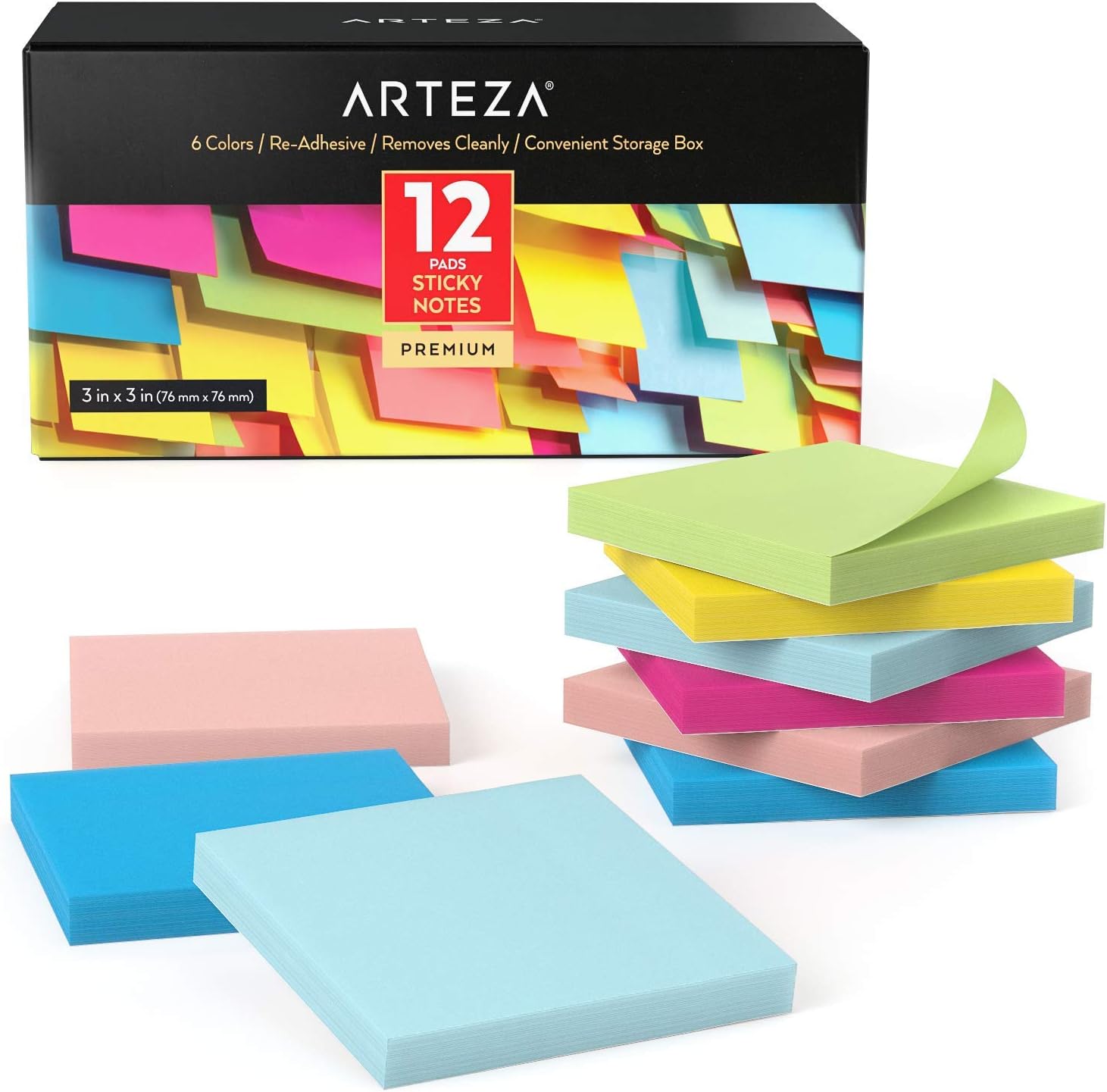 Amazon.com: ARTEZA Sticky Notes 12 Pads, 100 Sheets, 6 Assorted Colors ...