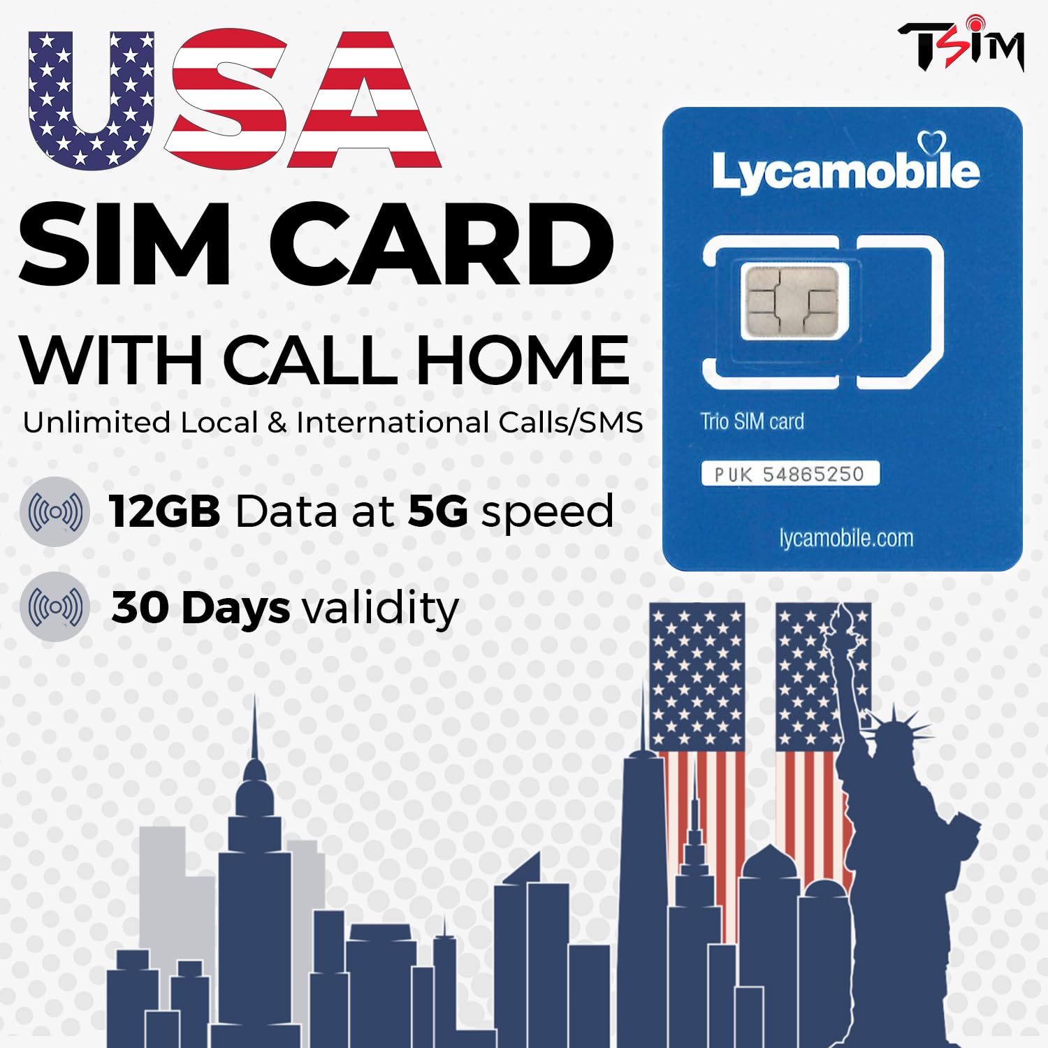 TSIM International USA SIM Card for Travel | Call Home for Free |12GB ...