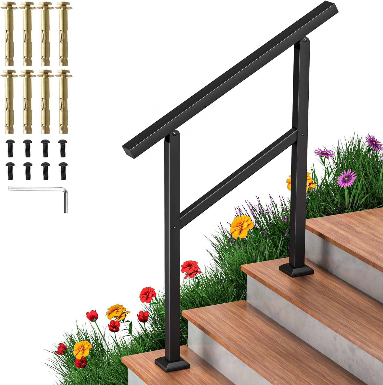 ATHOR Black Handrail,3 Step Handrail Fits 1 to 3 Steps Mattle Wrought ...