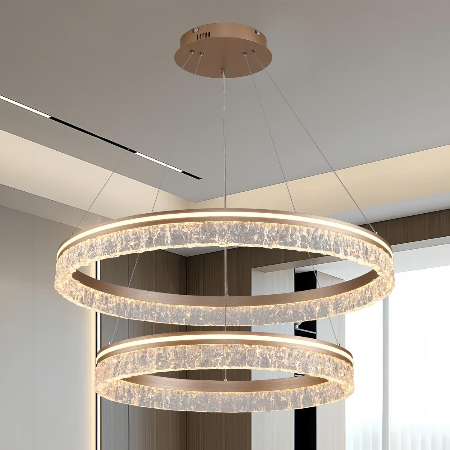 RYHNUYNE 2 Ring Pendant Light Modern LED Chandelier with Remote Gold ...
