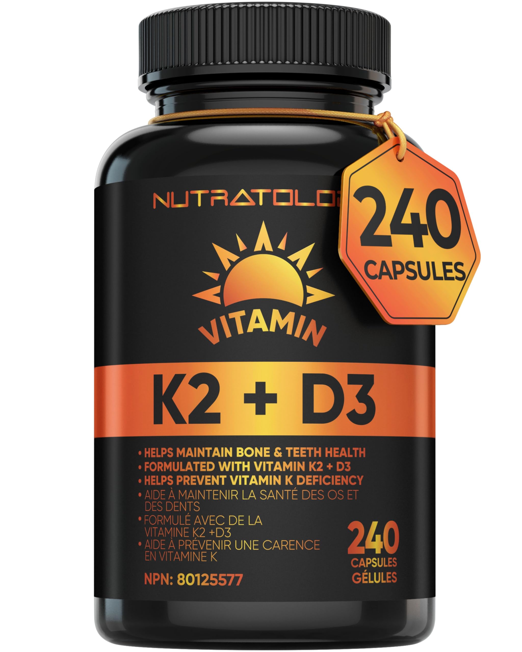 Vitamin K2 + D3 Highest Potency 120MCG/1000 IU - 240 Capsules - Helps Maintain Bone & Teeth ...