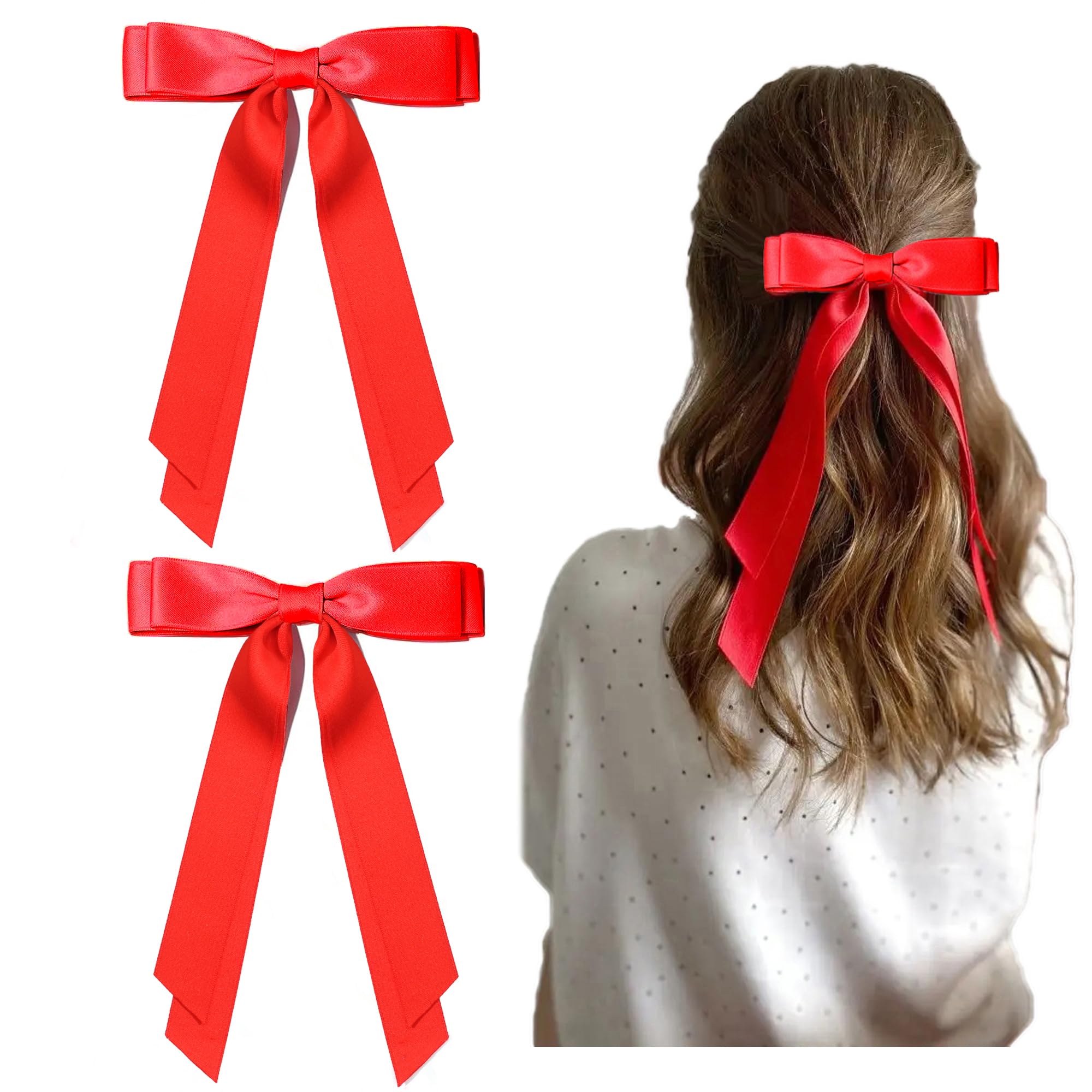 Amazon.com : Ayesha Red Hair Bows Clips Red Satin Ribbon Bows with Long ...