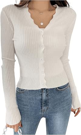 GORGLITTER Women's Cute Button Up Sweaters Open Front Cardigan Ribbed ...