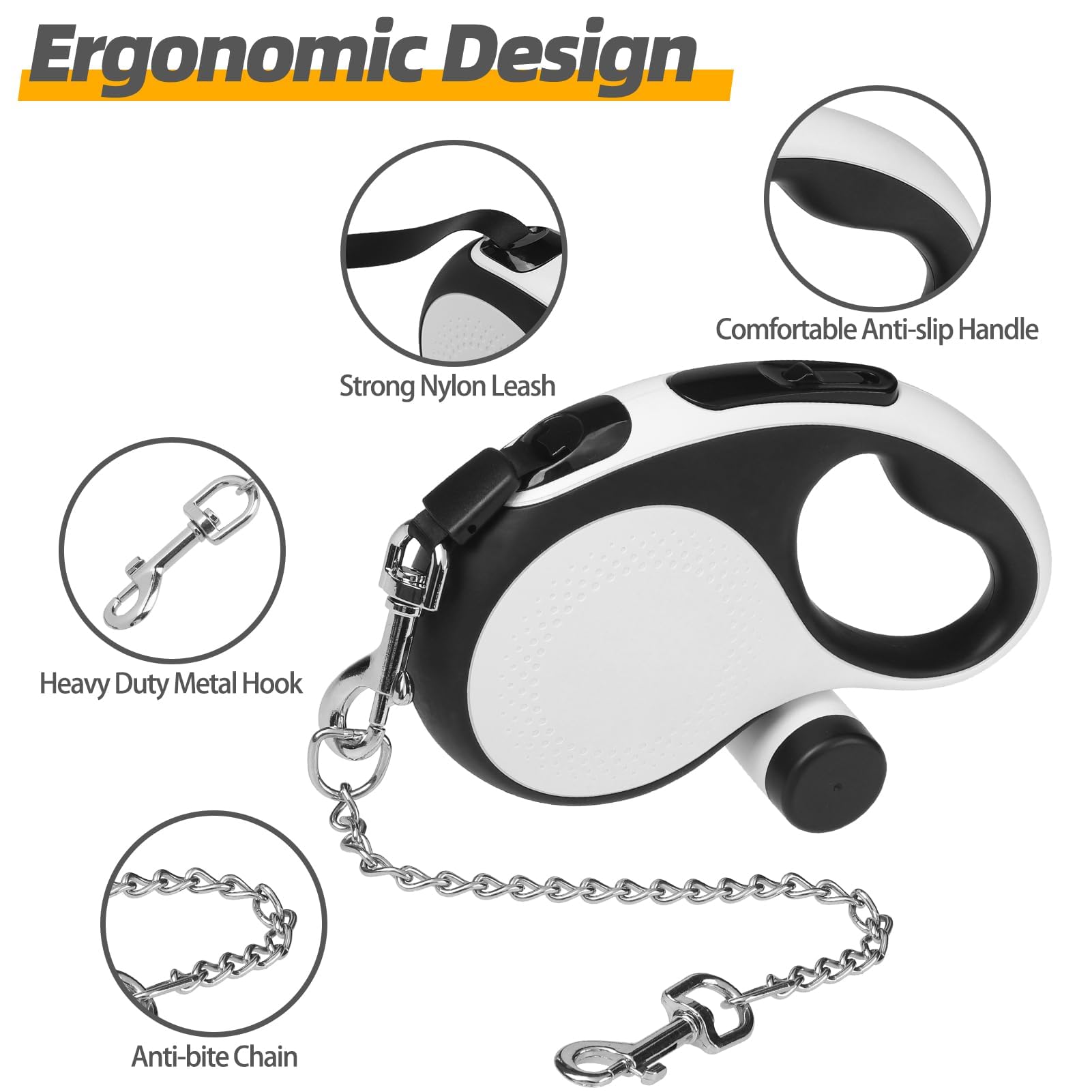 PUPTECK Retractable Dog Leash with Chew Proof Chain, 360°Tangle-Free ...