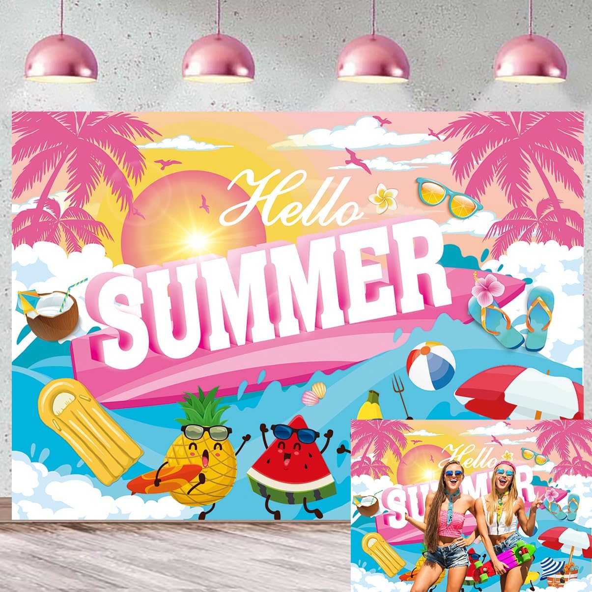 Amazon.com : Hello Summer Banner Backdrop 8x6FT Summer Hawaiian Beach ...