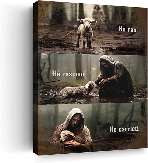 Amazon.com: Ukoxrxh Jesus and Lamb Canvas Wall Art He Ran, He Rescued ...