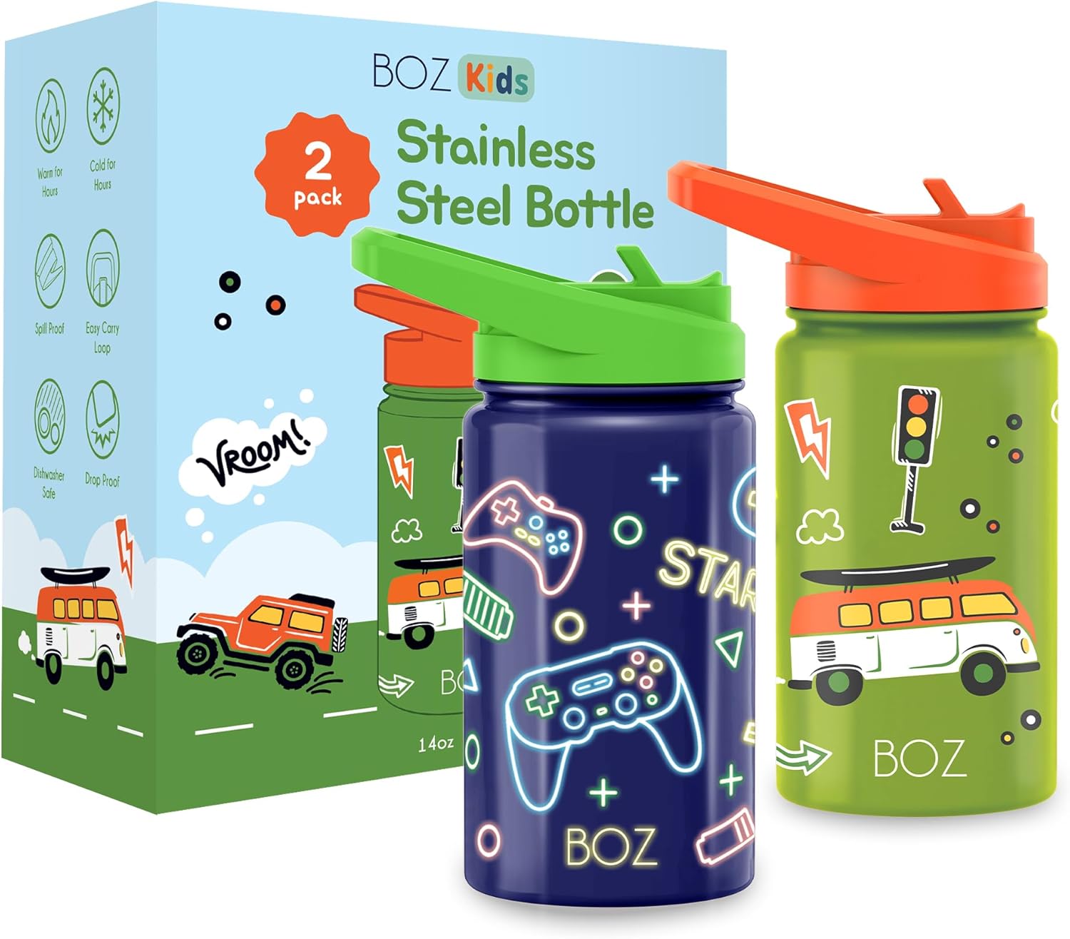 Amazon.com: BOZ Kids Insulated Water Bottle with Straw Lid - Two-Pack ...