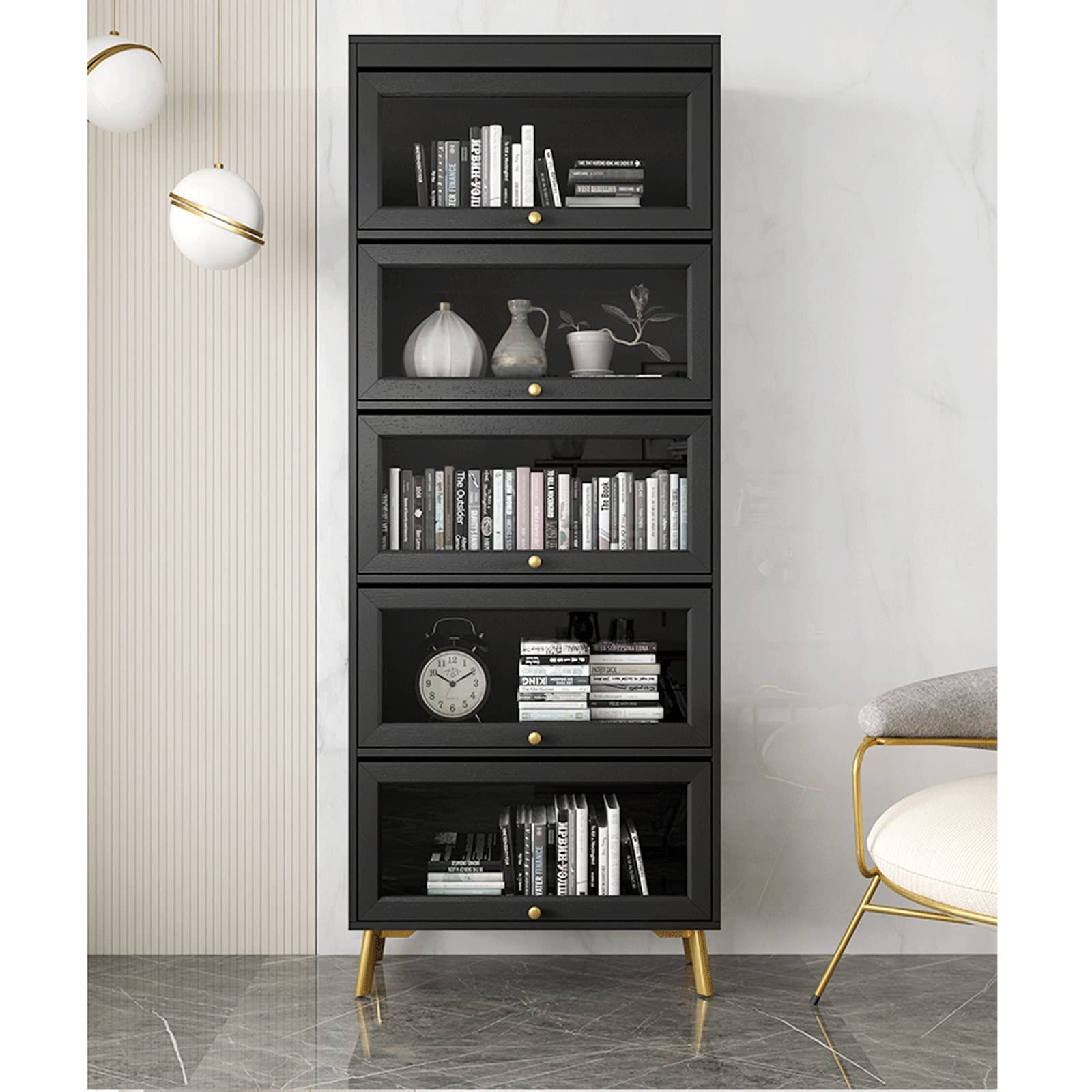 Black Bookcase With Glass Doors Display Cabinet TRAPPEDAL Oak/black