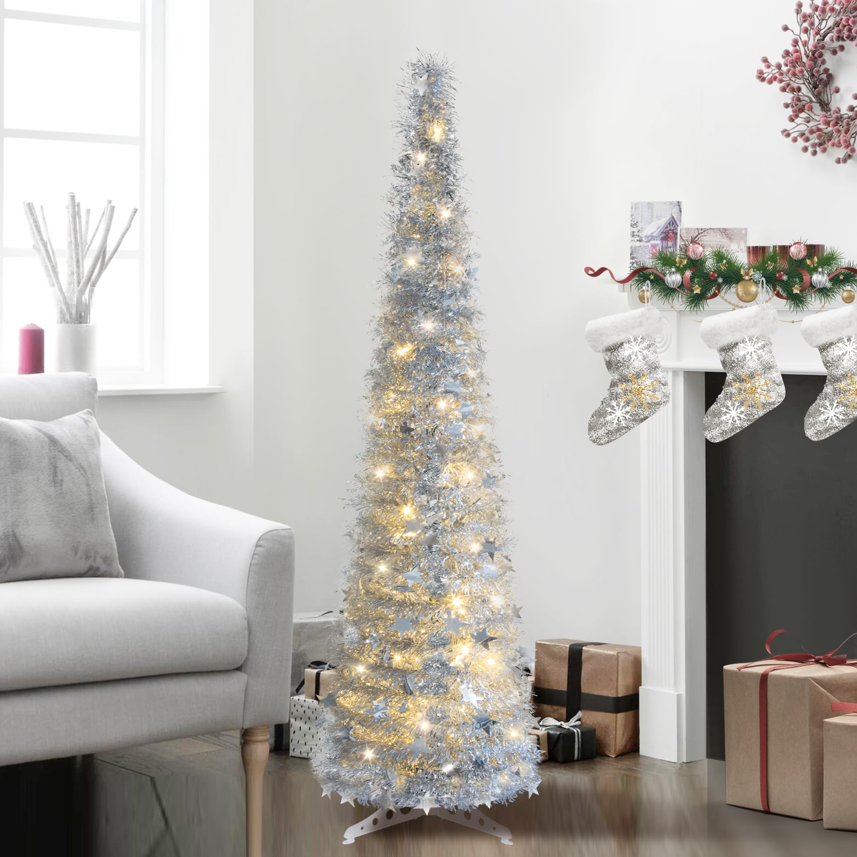 Amazon.com: 5Ft Pencil Christmas Tree Silver with Lights, Pop Up ...