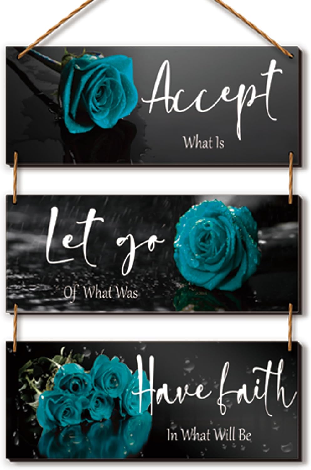 Amazon.com: 3 Pcs Wooden Teal Flower Wall Art - Teal Rose Wall Decor ...